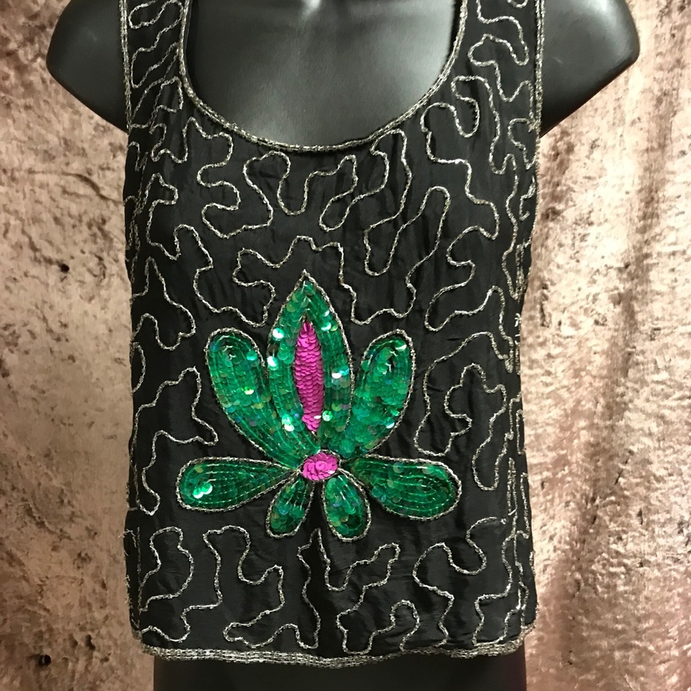 Hand Beaded Sheer Silk And Sequin Ganja Tank Top. Ful… - Gem